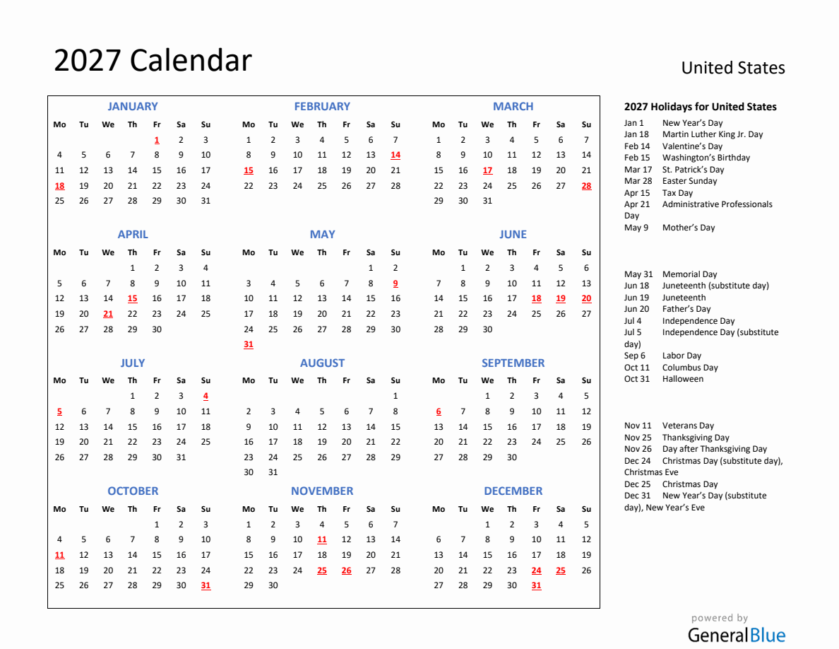 2027 Calendar with Holidays for United States - Monday Start