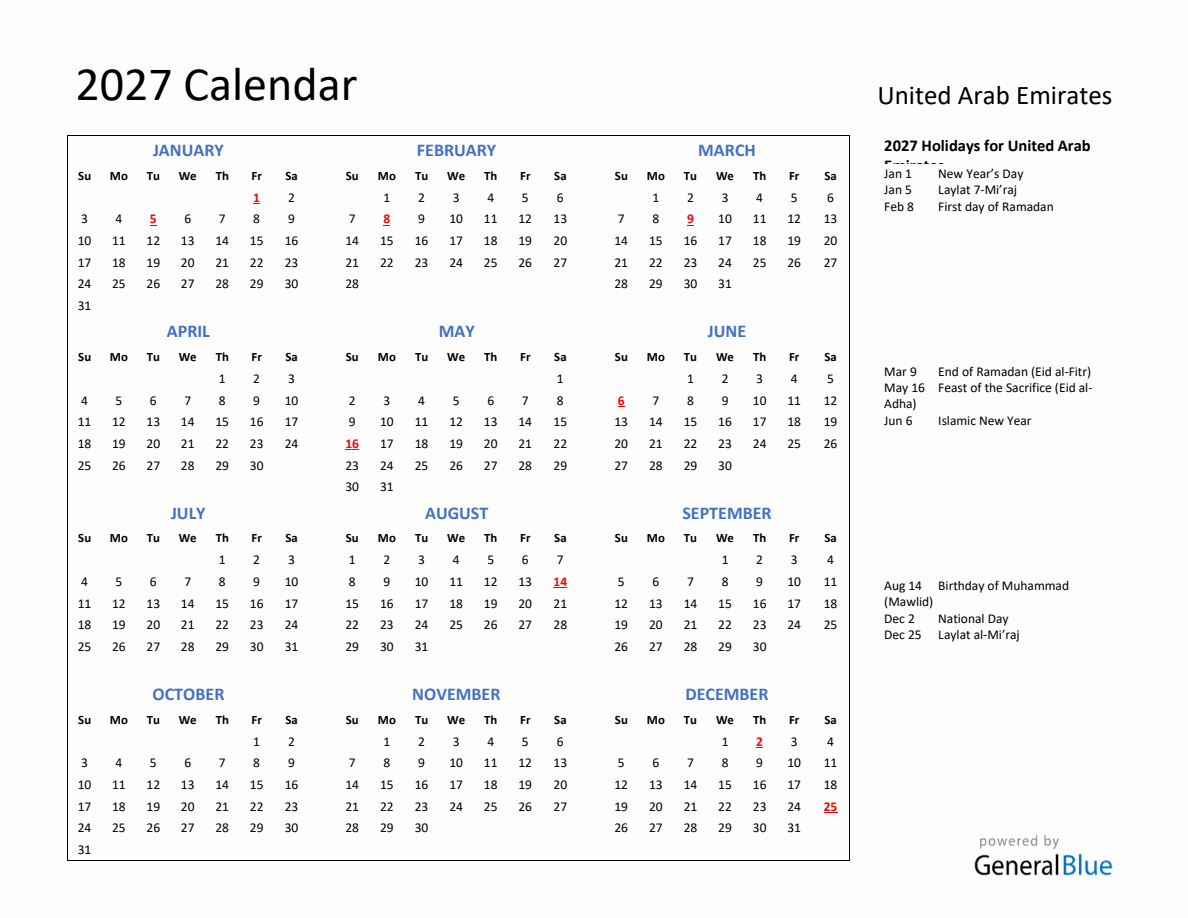 2027 Calendar with Holidays for United Arab Emirates