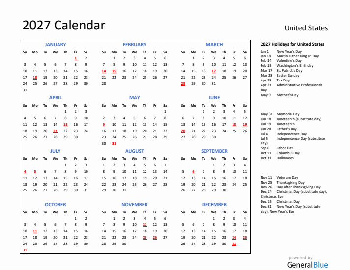 2027 United States Calendar With Holidays 2027 United States Calendar With Holidays