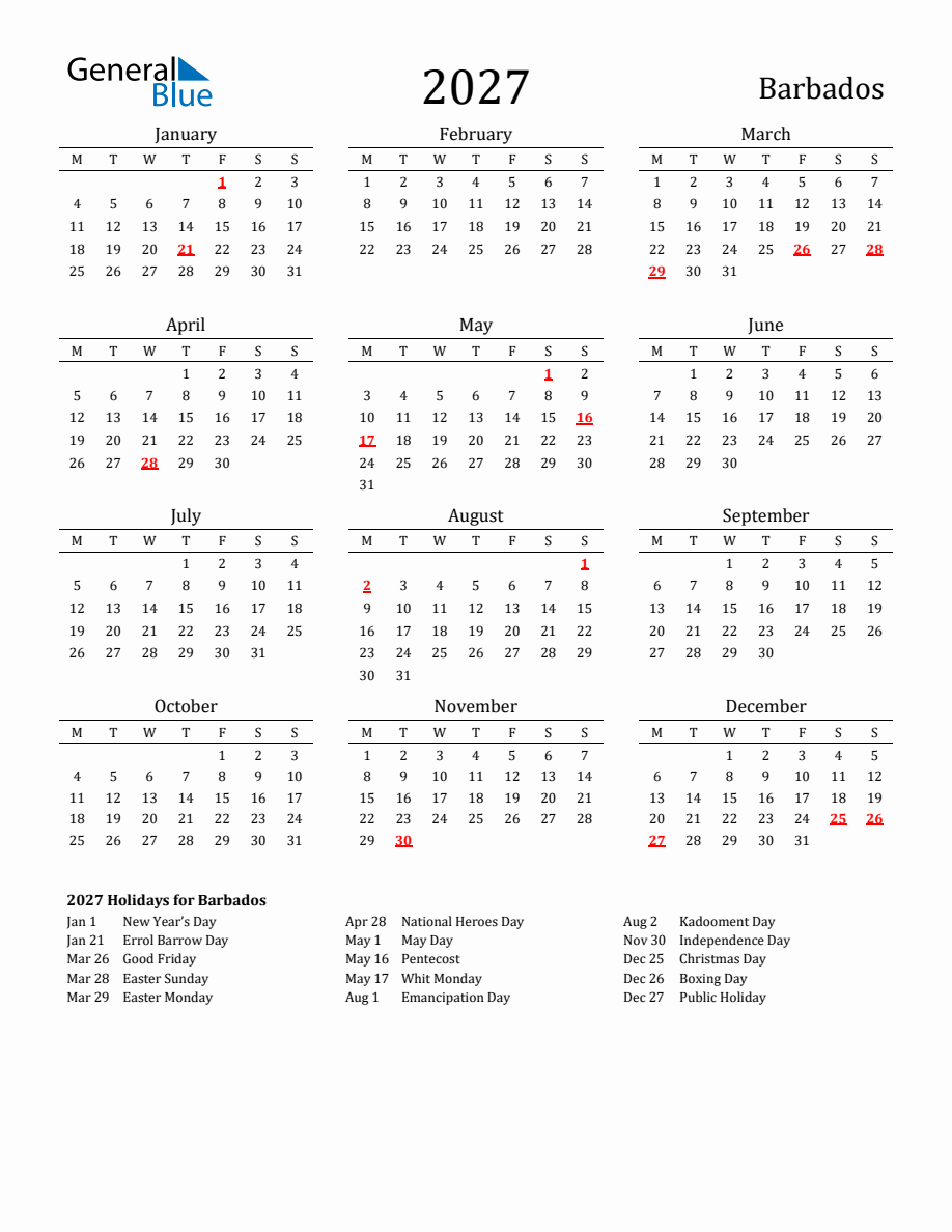 Free Barbados Holidays Calendar for Year 2027 - Monday Start