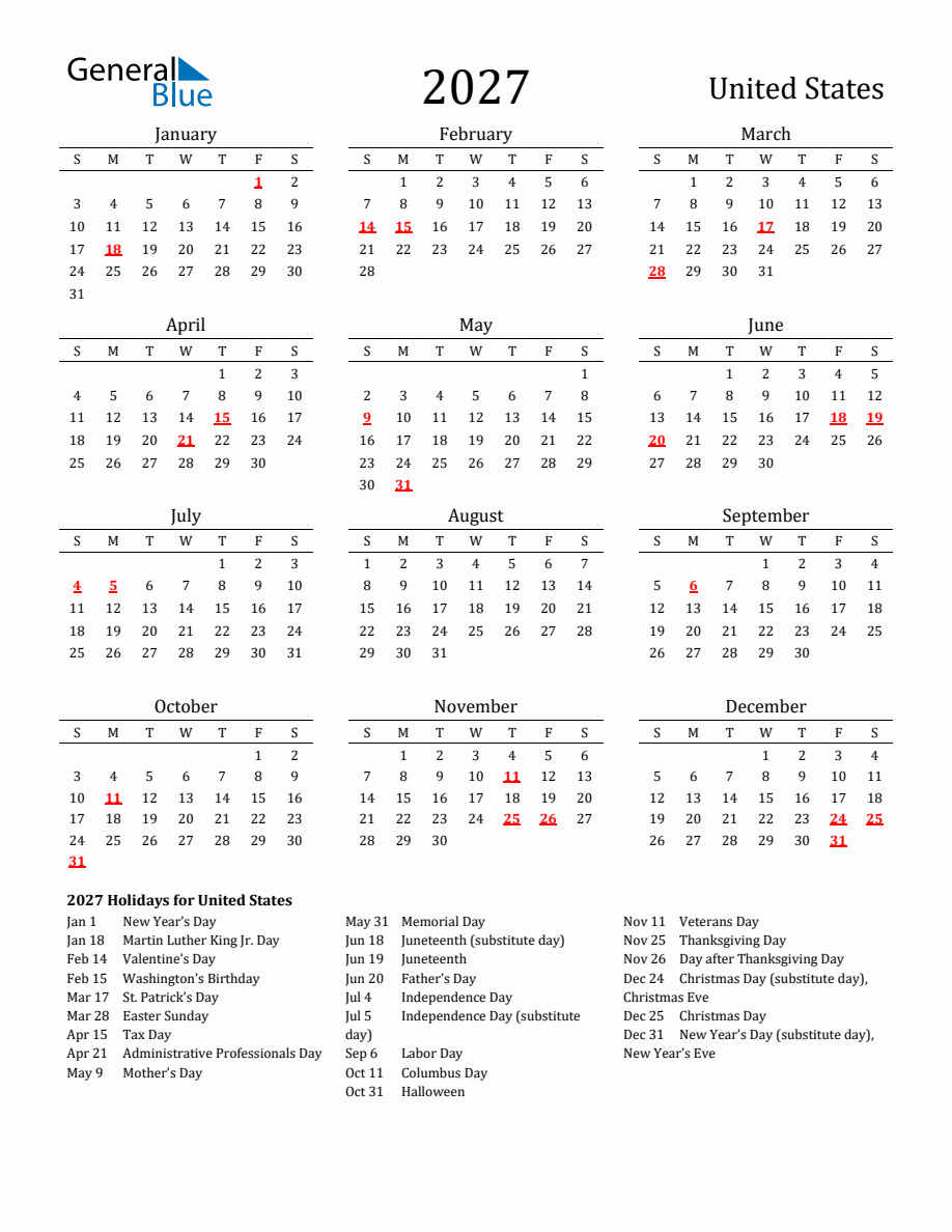 Free United States Holidays Calendar for Year 2027