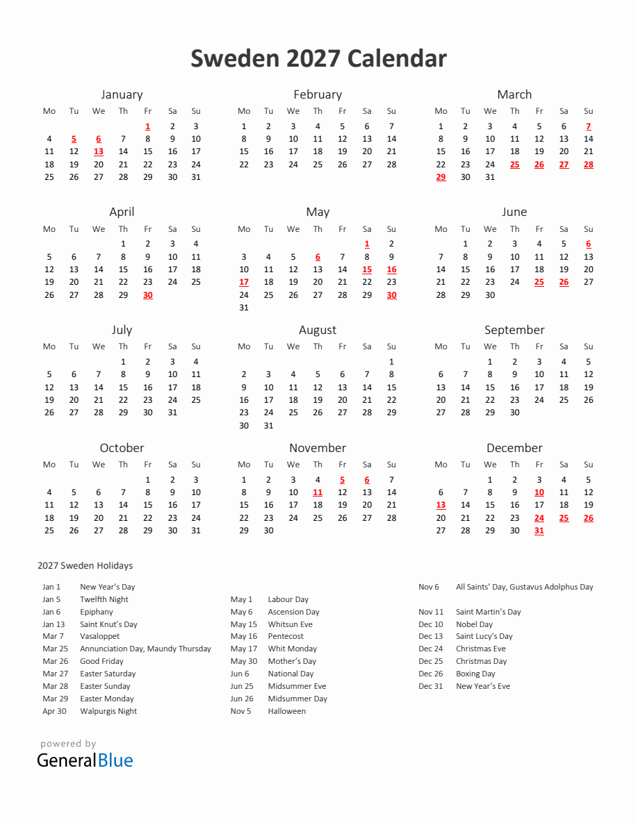2027 Yearly Calendar Printable With Sweden Holidays - Monday Start
