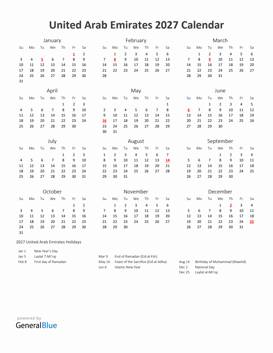 2027 Yearly Calendar Printable With United Arab Emirates Holidays