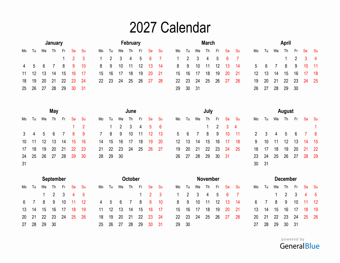 Printable Yearly Calendar for 2027 (with Red Weekend) with Monday Start