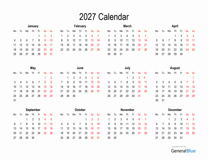 2027 Yearly Calendar Templates With Monday Start 2027 Yearly Calendar Templates With Monday Start