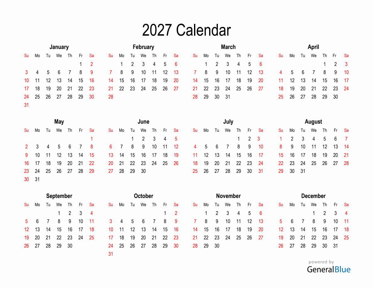 Printable Yearly Calendar for 2027 (with Red Weekend)