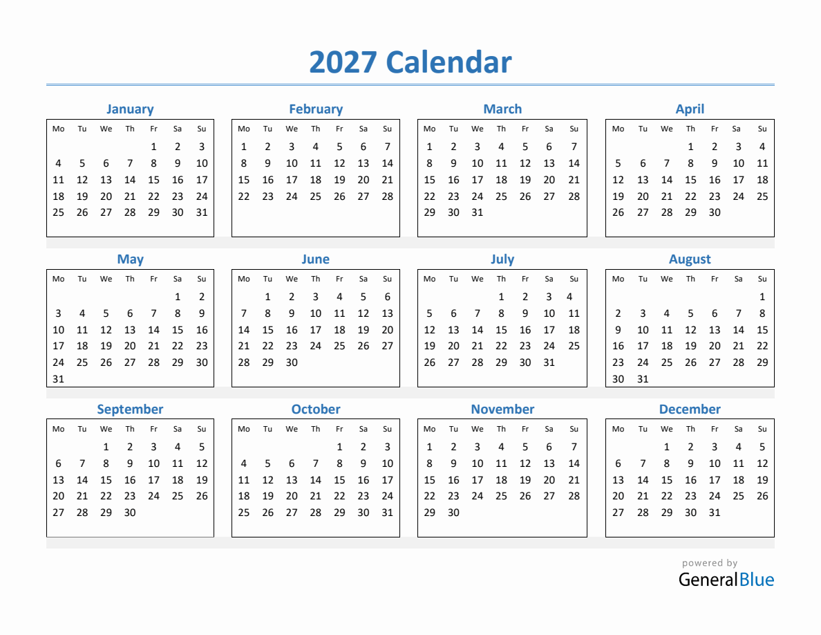 2027 Simple Yearly Calendar (PDF, Excel, Word) with Monday Start