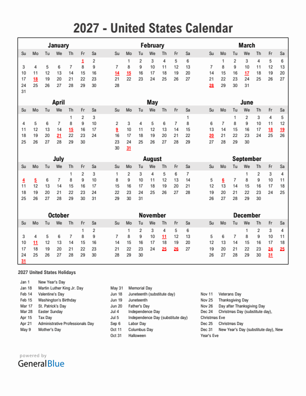 United States 2027 Calendar With Holidays