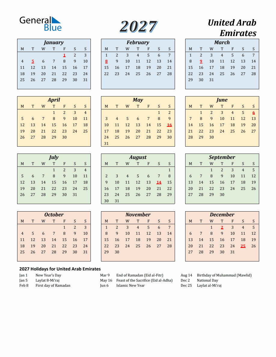2027 United Arab Emirates Calendar - Monday Start