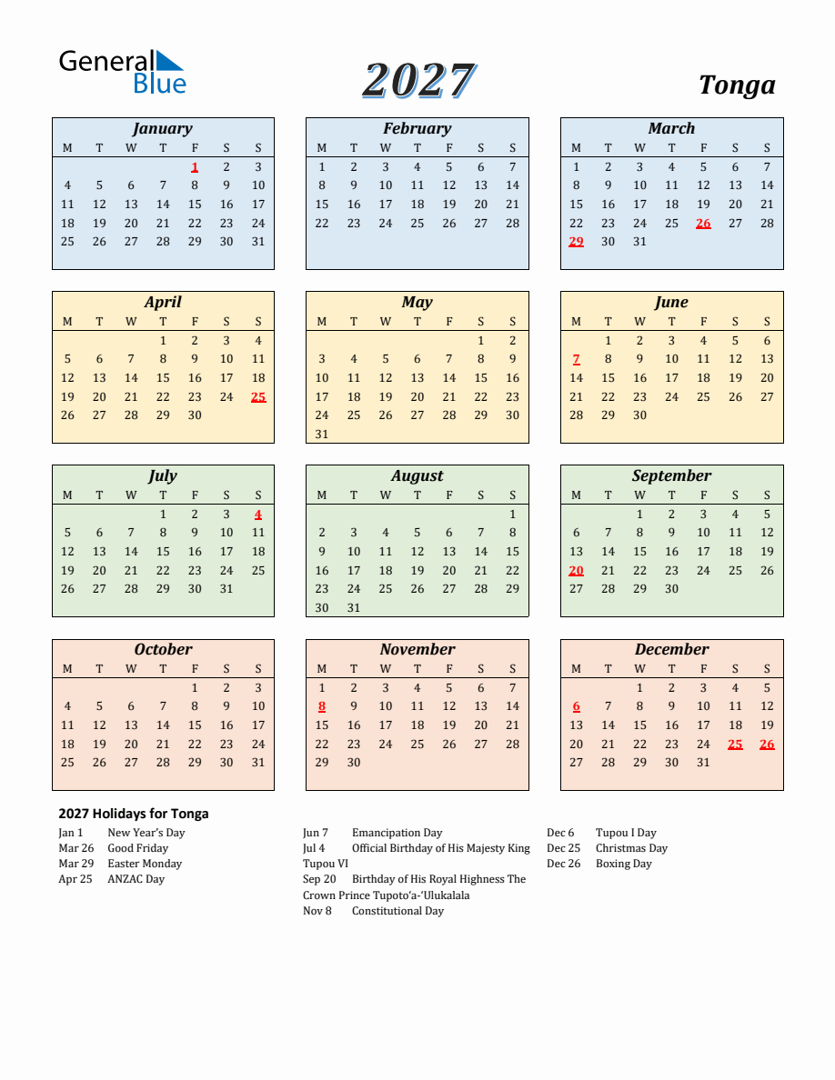 2027 Tonga Calendar - Monday Start