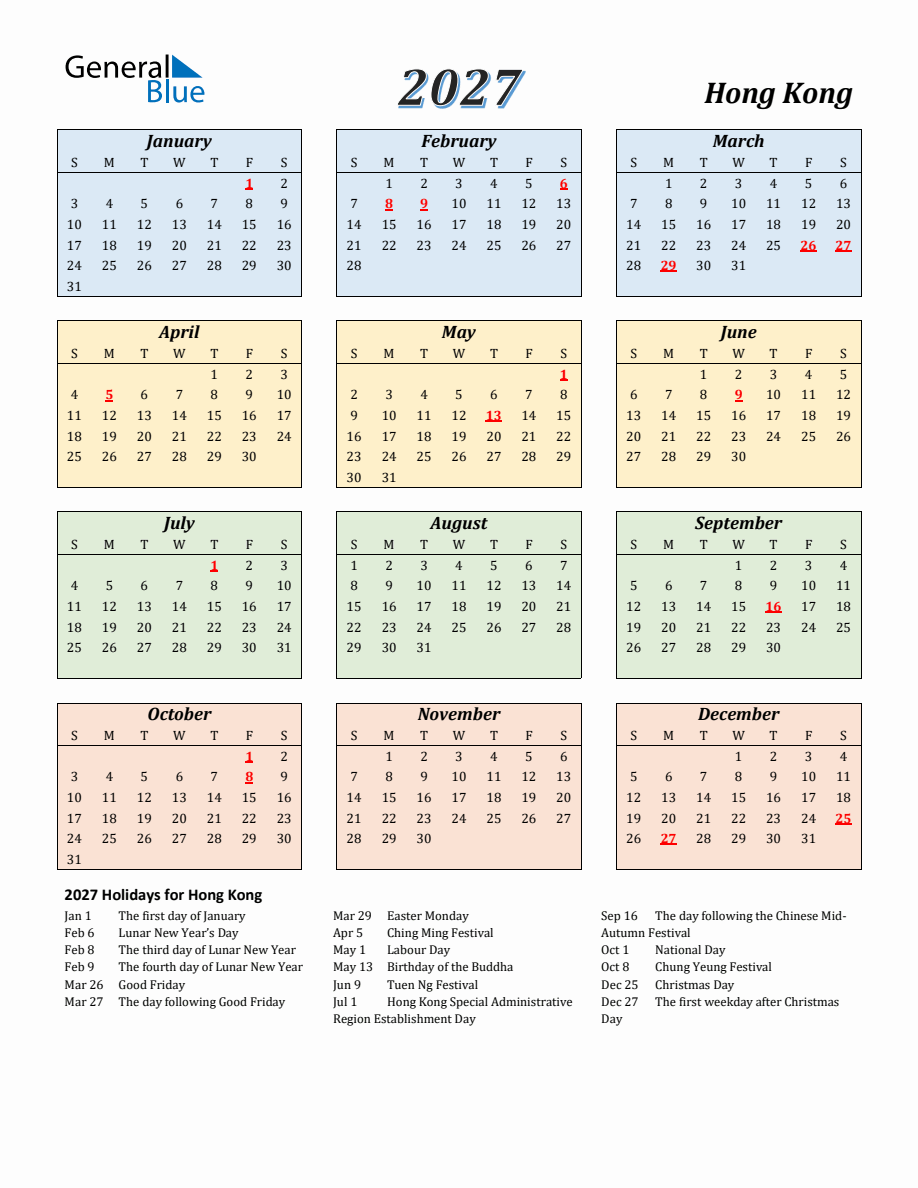 2027 Hong Kong Calendar