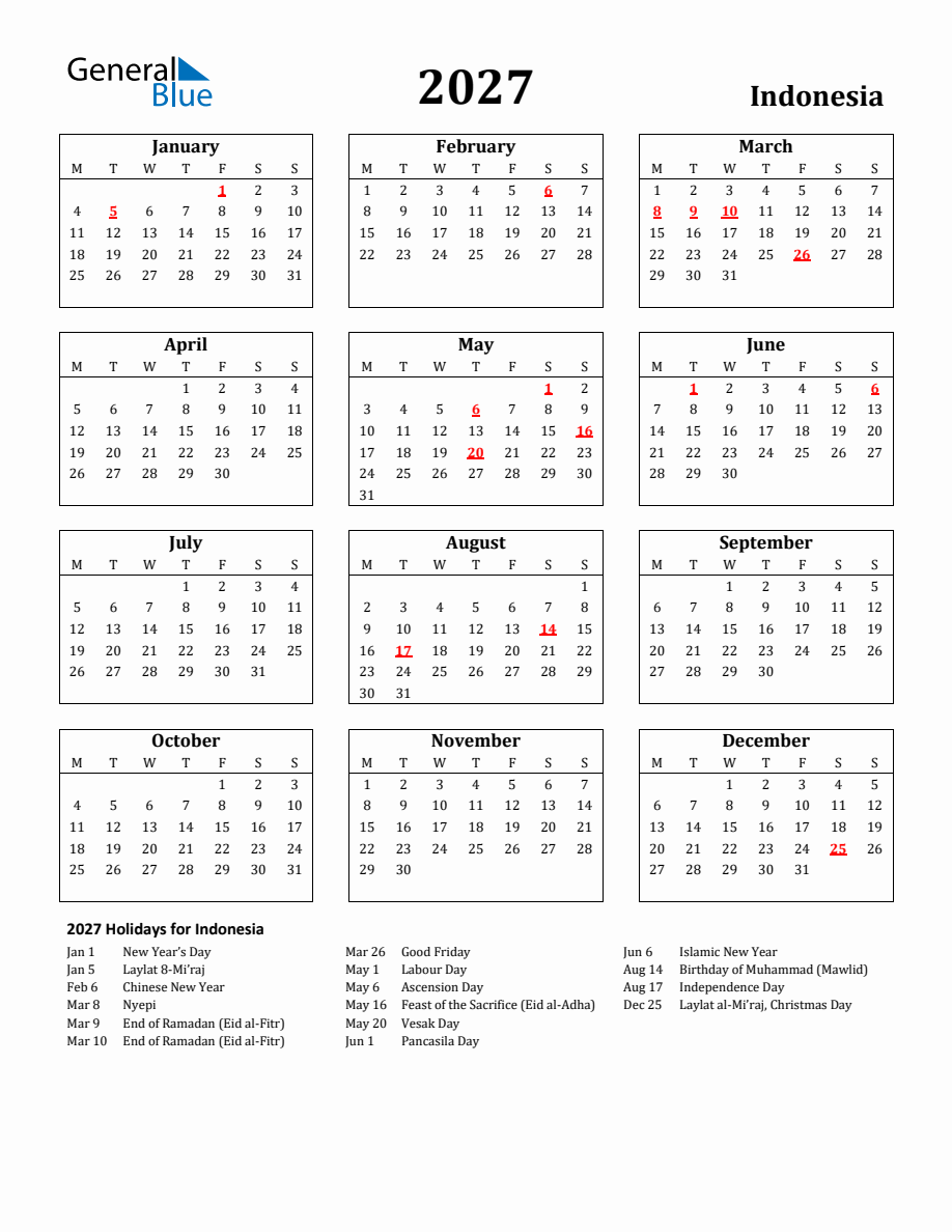 Free Printable 2027 Indonesia Holiday Calendar - Monday Start