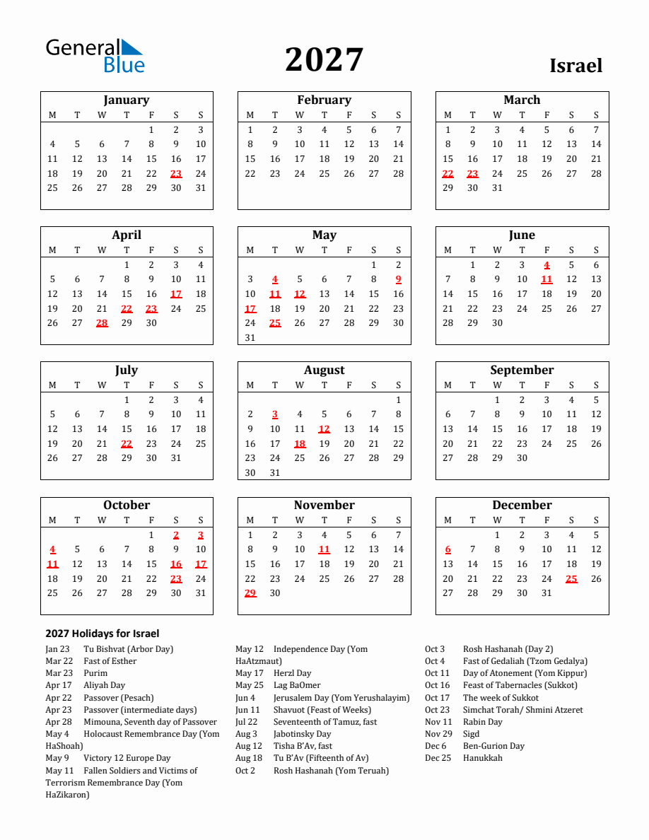Free Printable 2027 Israel Holiday Calendar - Monday Start