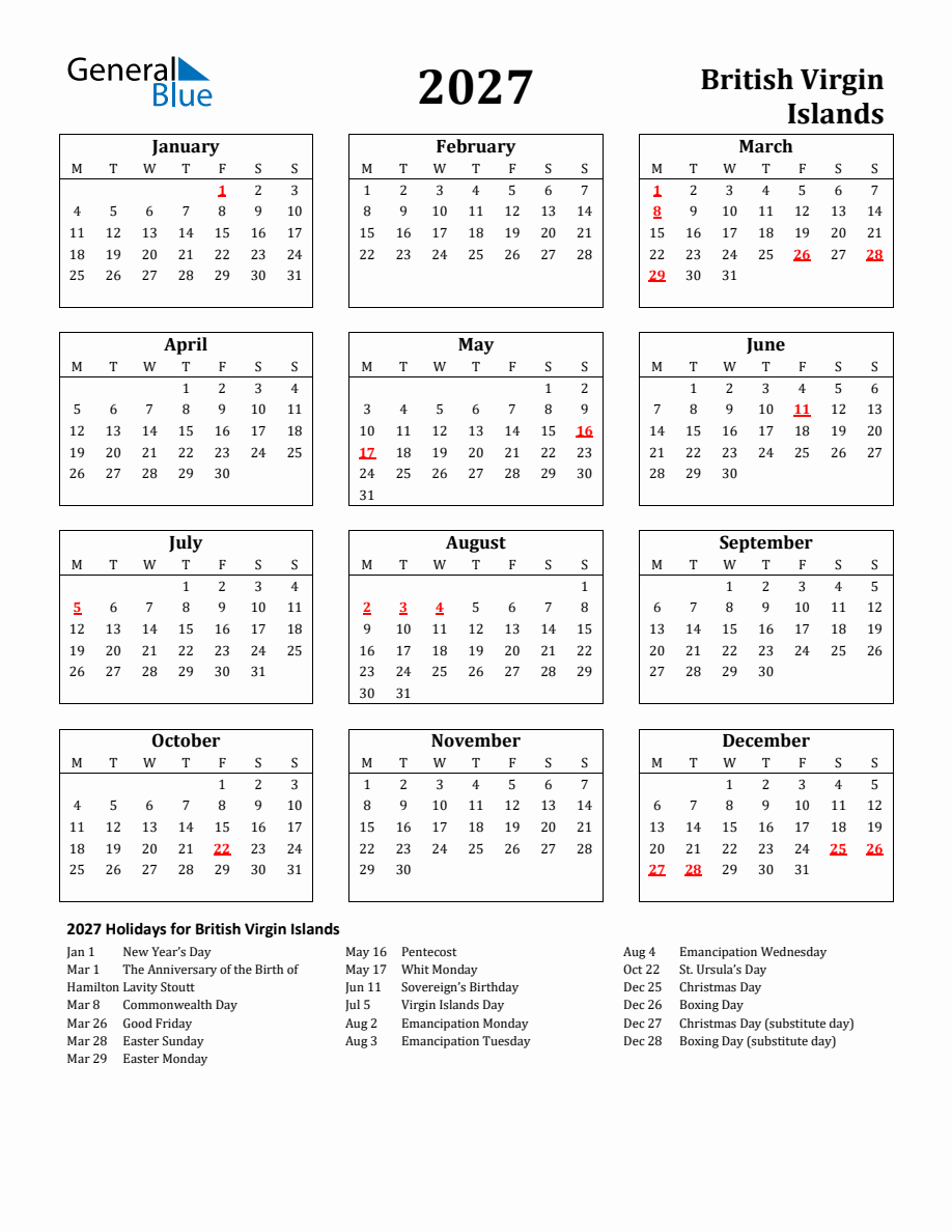 Free Printable 2027 British Virgin Islands Holiday Calendar - Monday Start