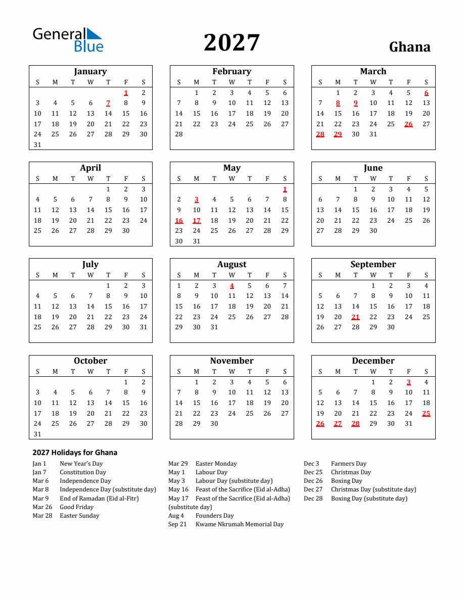 Free Printable 2027 Ghana Holiday Calendar
