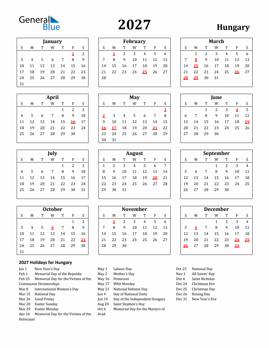 Free Printable 2027 Hungary Holiday Calendar