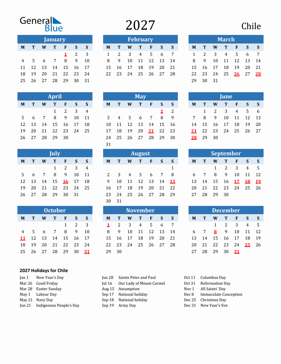 2027 Printable Calendar with Chile Holidays - Monday Start