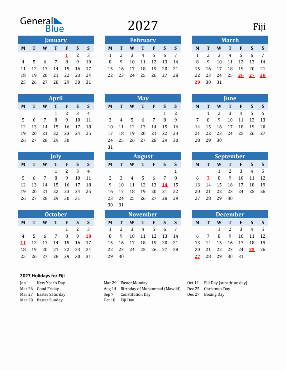 2027 Printable Calendar with Fiji Holidays - Monday Start
