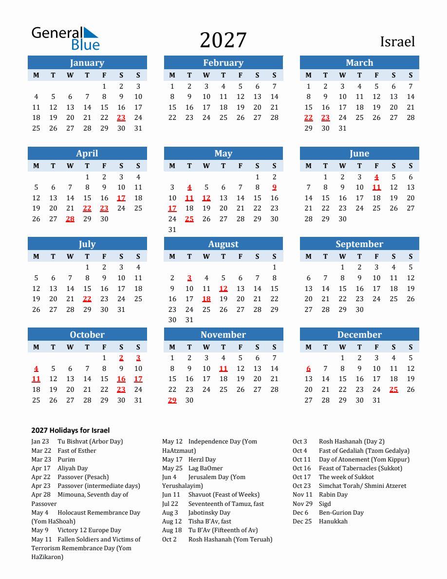 2027 Printable Calendar with Israel Holidays - Monday Start