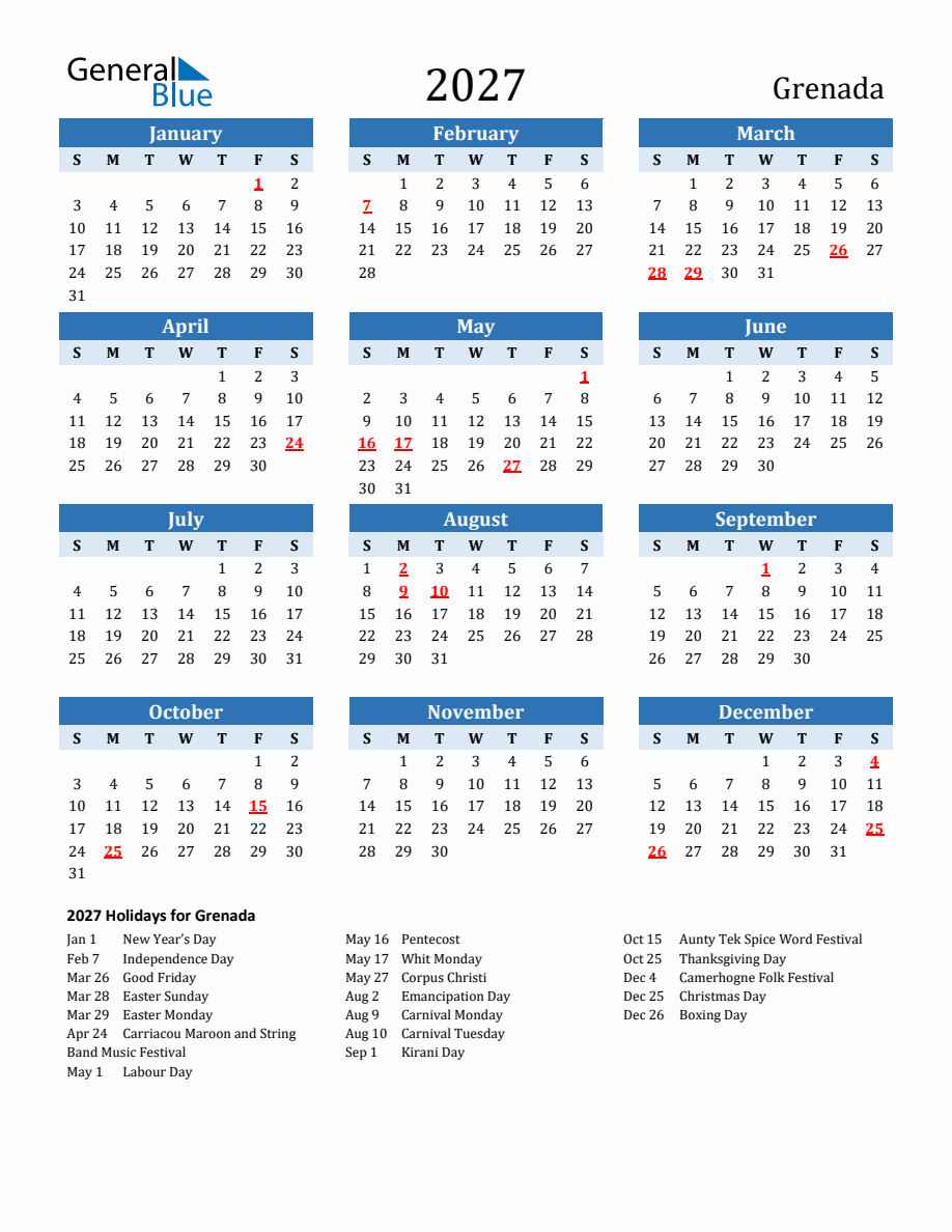 2027 Printable Calendar with Grenada Holidays