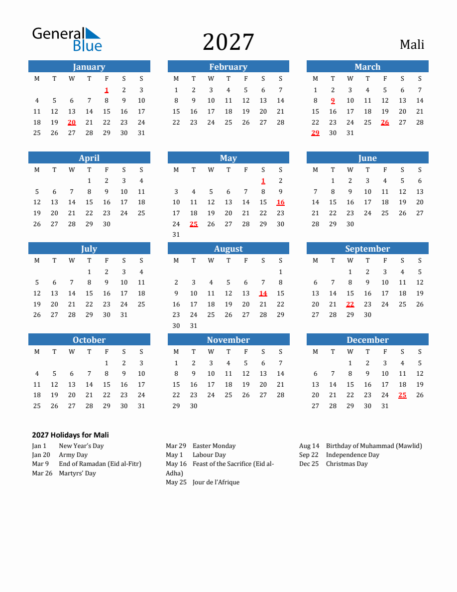 Mali 2027 Calendar with Holidays - Monday Start