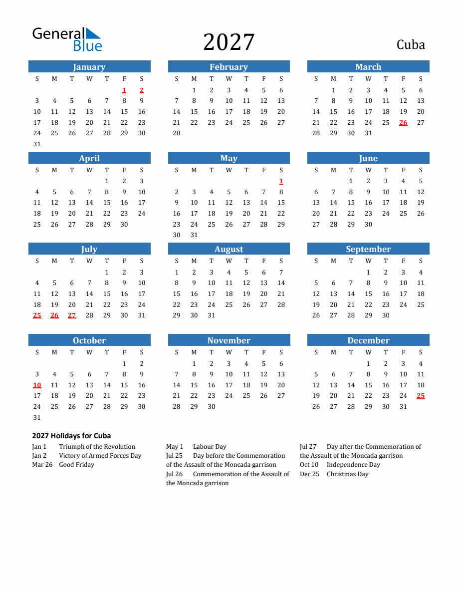 Cuba 2027 Calendar With Holidays