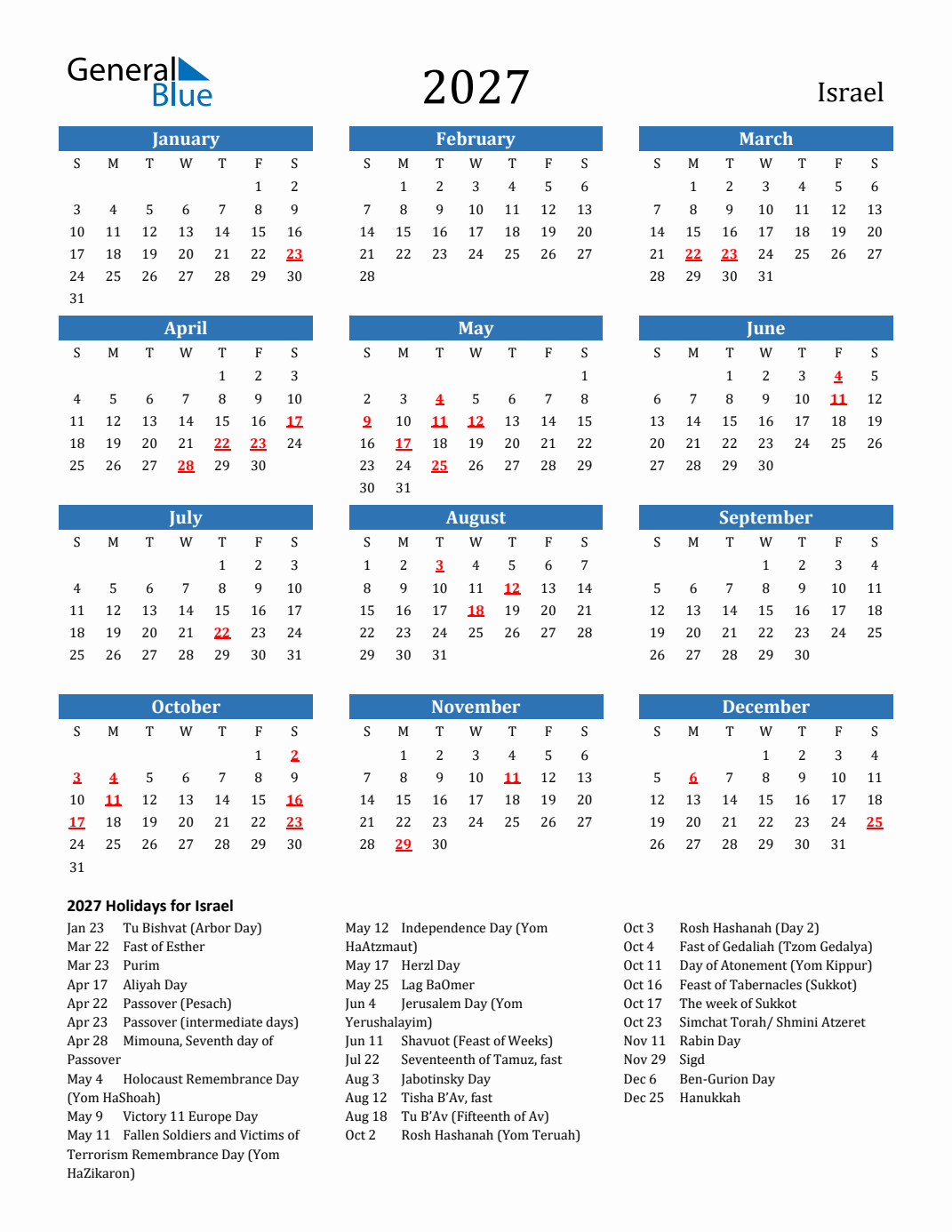 2027 Israel Calendar with Holidays