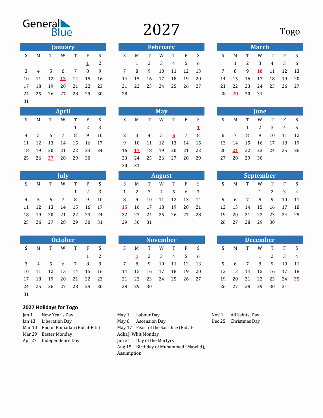 2027 Togo Calendar with Holidays
