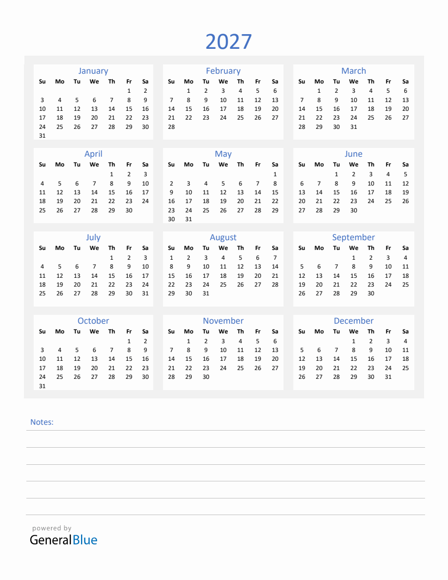 2027 Yearly Calendar with Notes