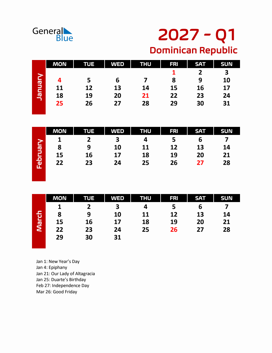 Q1 2027 Calendar with Holidays