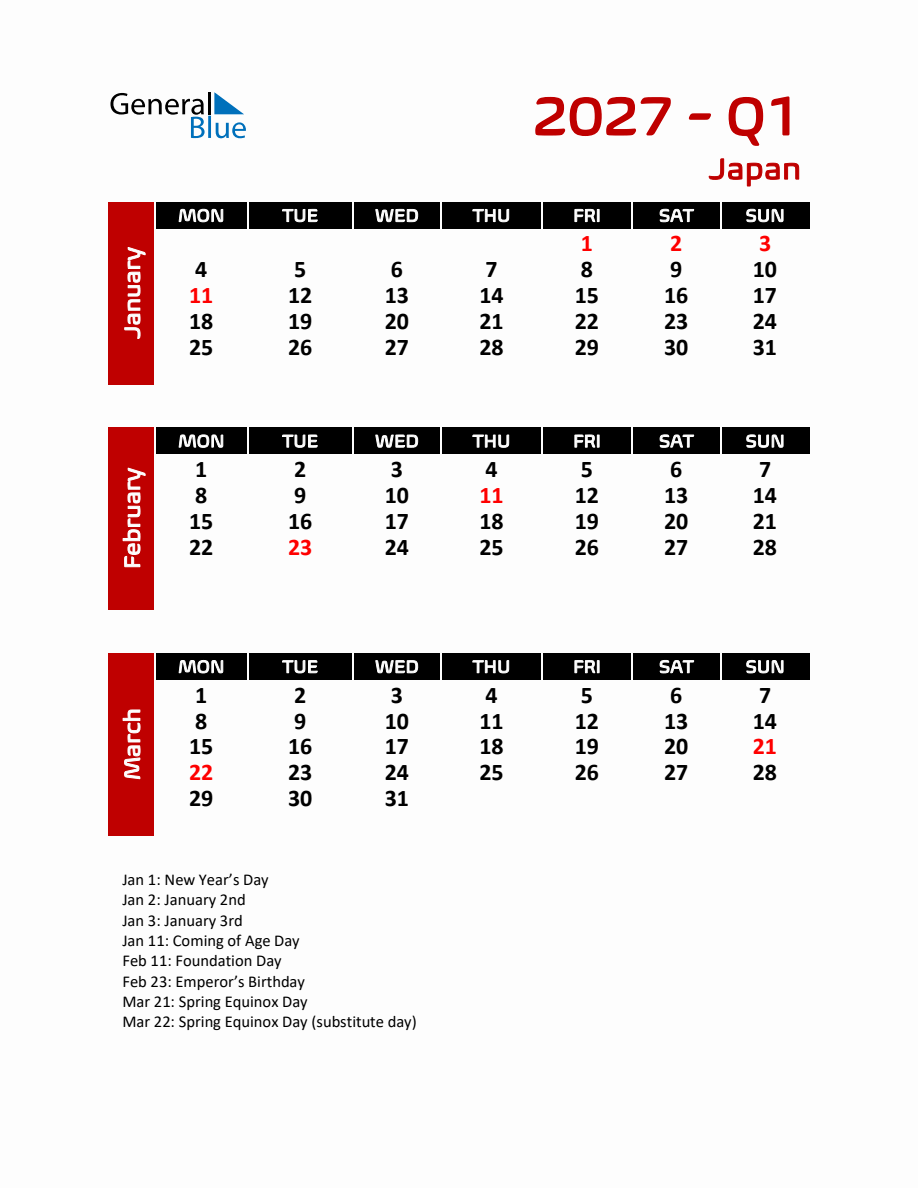 Q1 2027 Calendar with Holidays for Japan - Monday Start