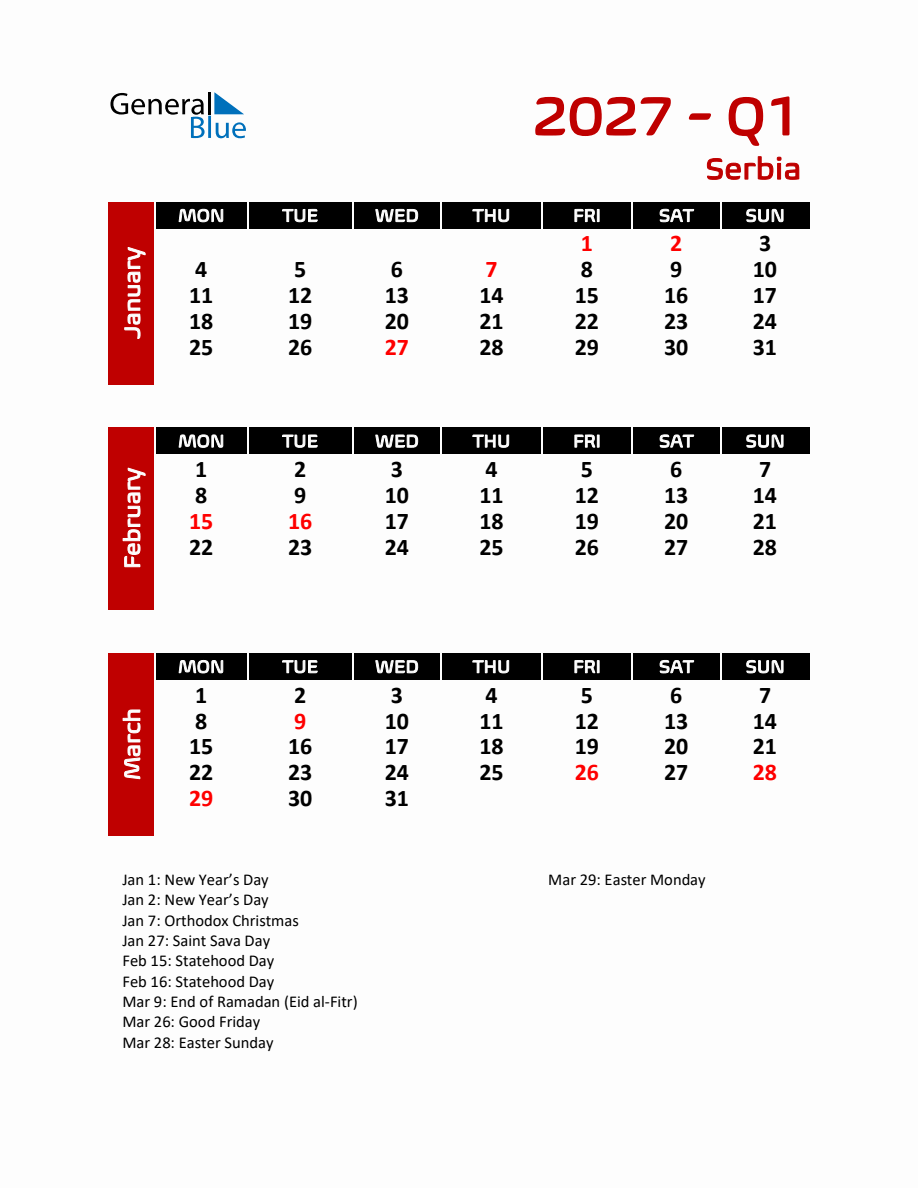 Q1 2027 Calendar with Holidays
