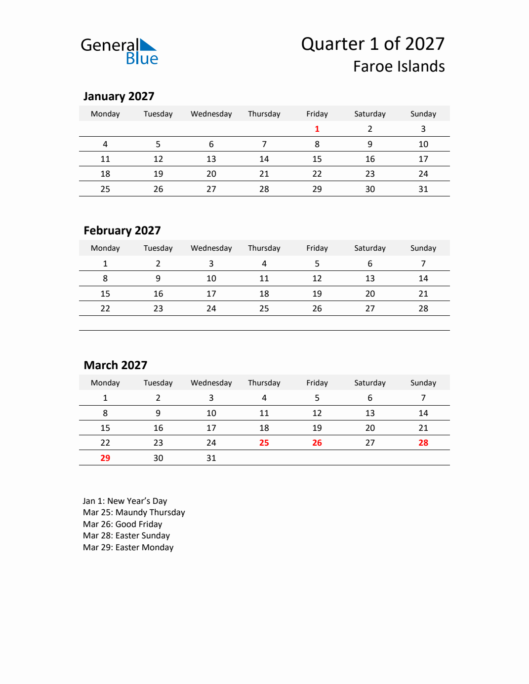 Q1 2027 Monday Start Quarterly Calendar with Faroe Islands Holidays