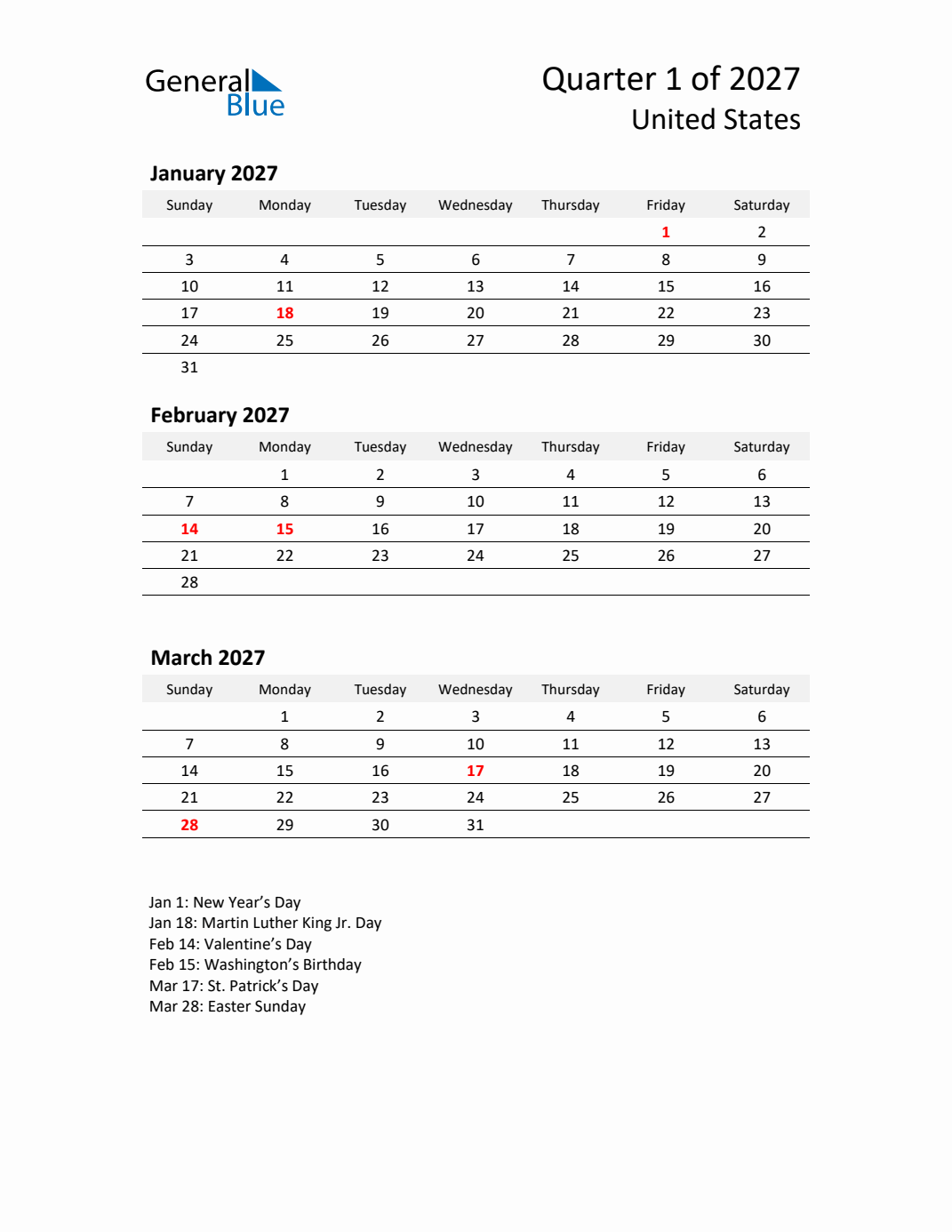 Q1 2027 Quarterly Calendar with United States Holidays (PDF, Excel, Word)