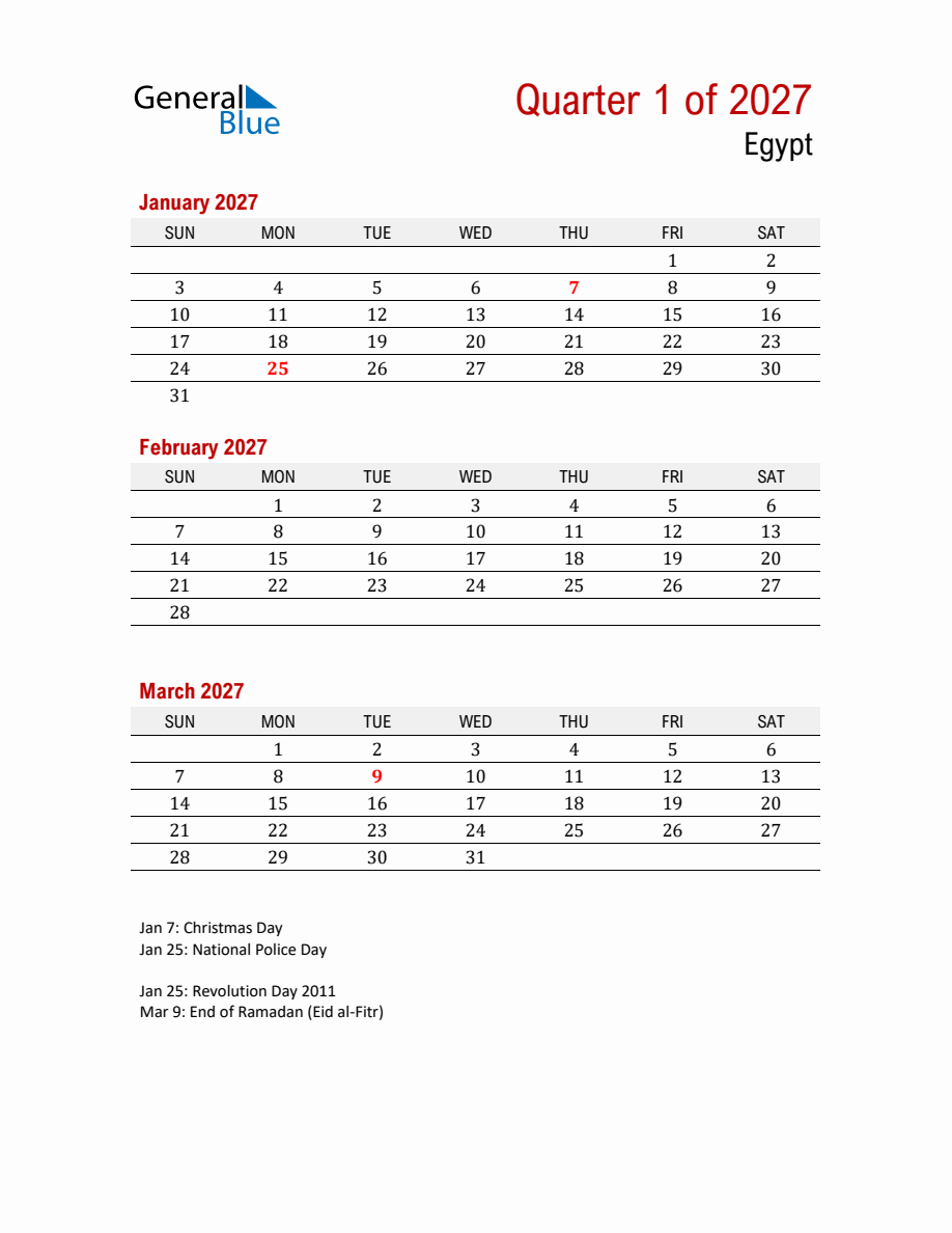 Printable Three Month Calendar with Egypt Holidays (Q1 2027)