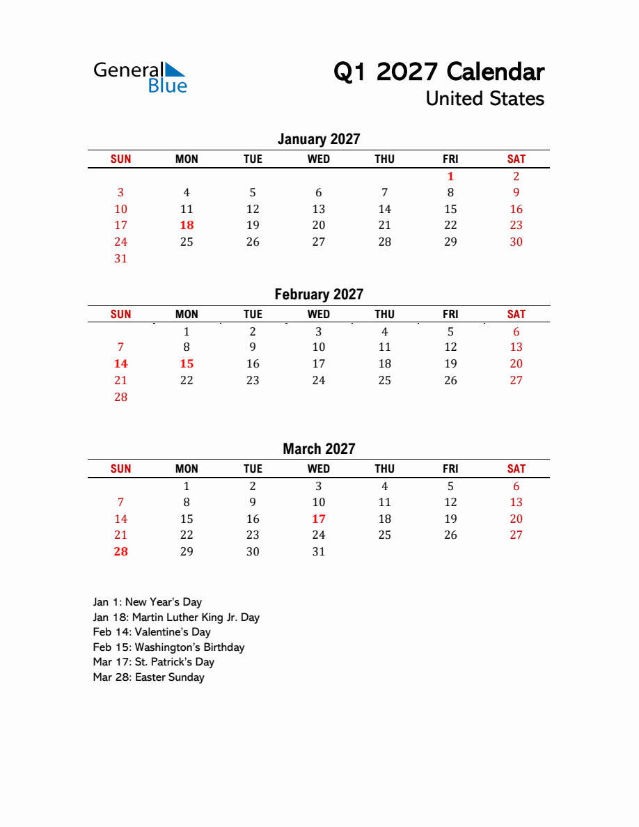 2027 Q1 Calendar with Holidays List for United States