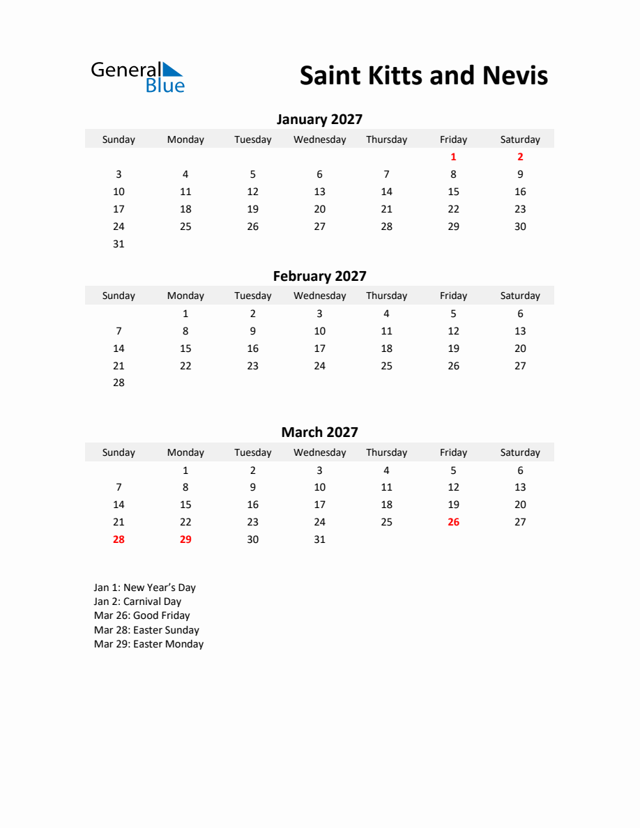 Printable Quarterly Calendar with Notes and Saint Kitts and Nevis ...