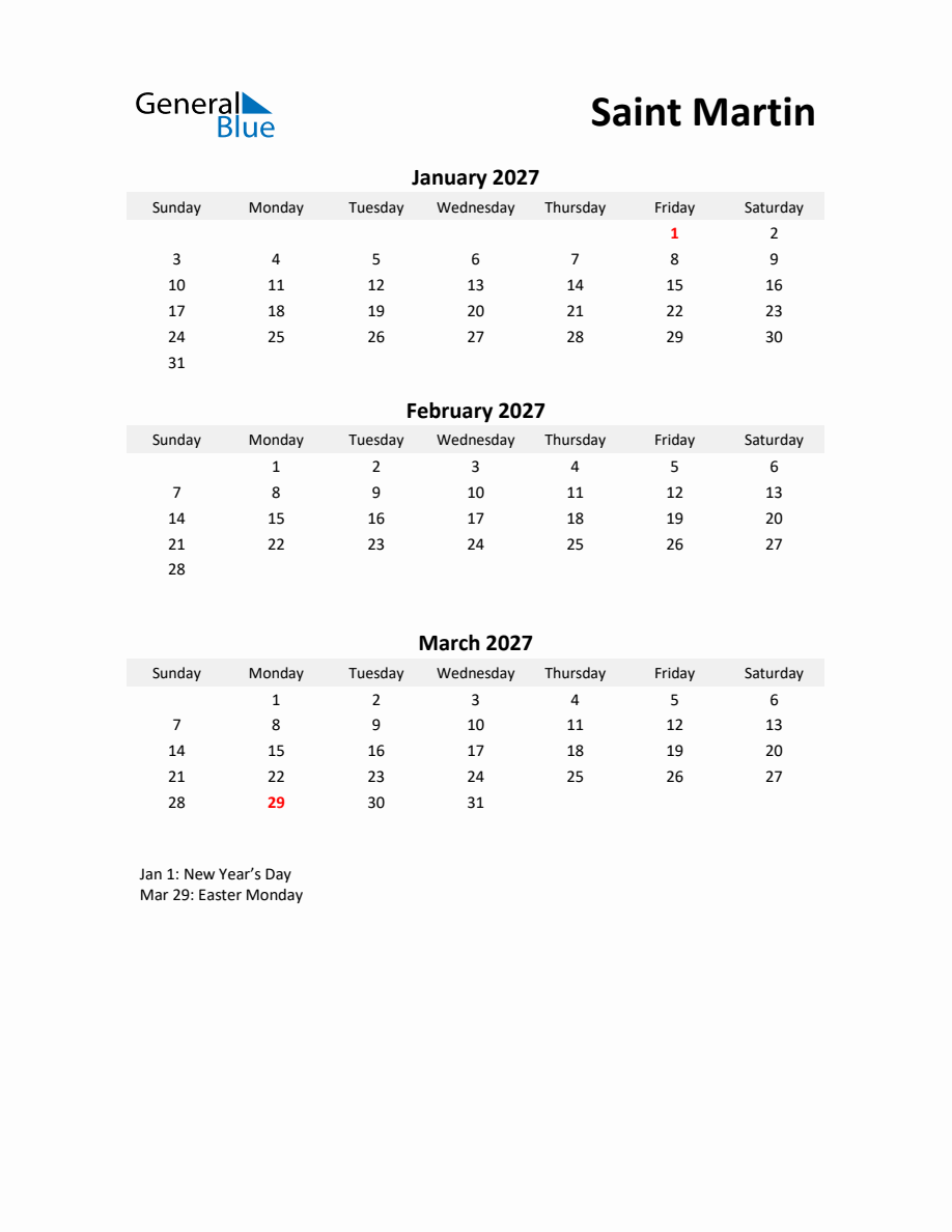 Printable Quarterly Calendar with Notes and Saint Martin Holidays (Q1 ...