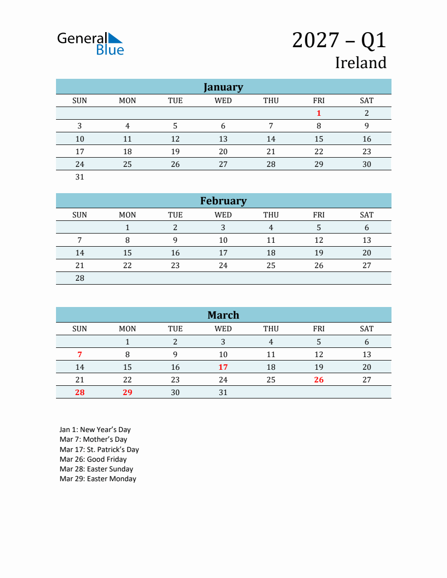 Three-Month Planner for Q1 2027 with Holidays - Ireland