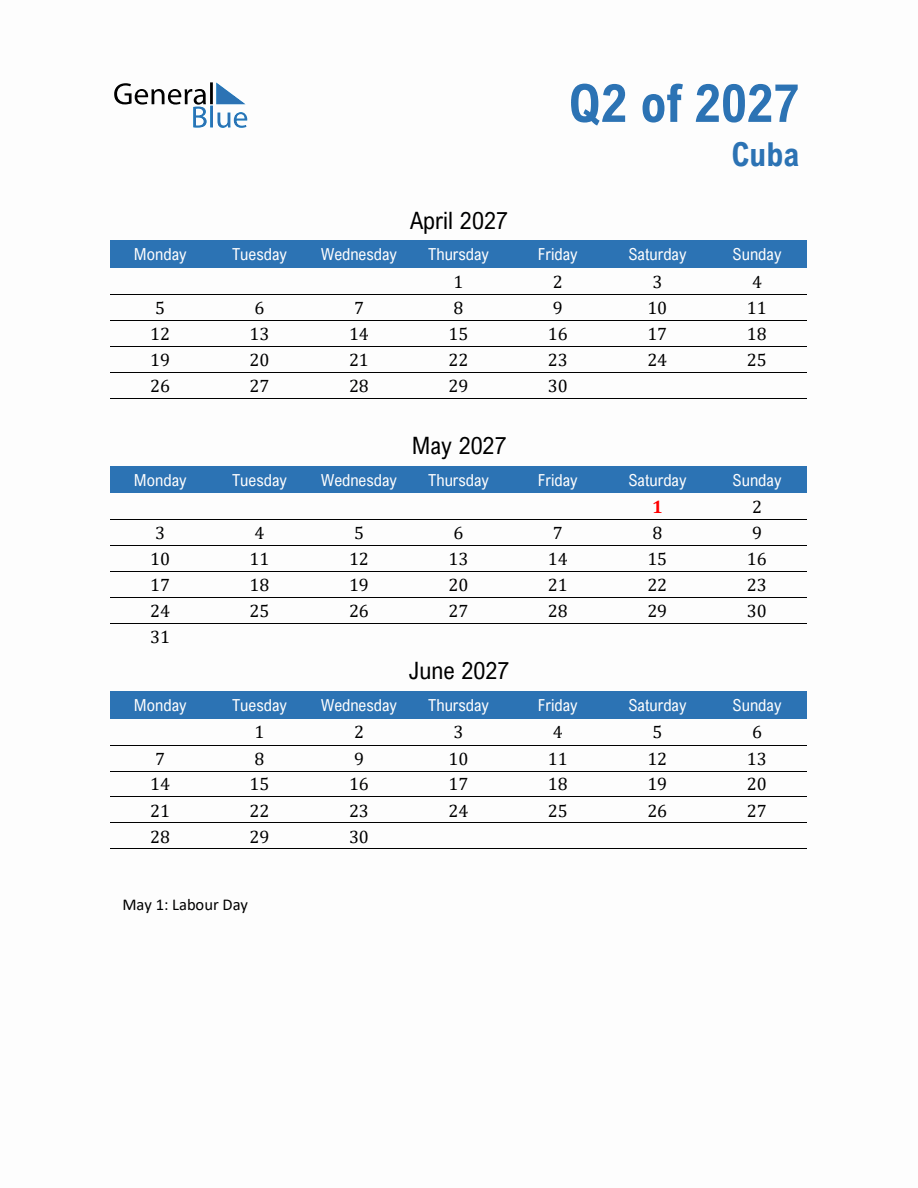 Cuba 2027 Quarterly Calendar with Monday Start