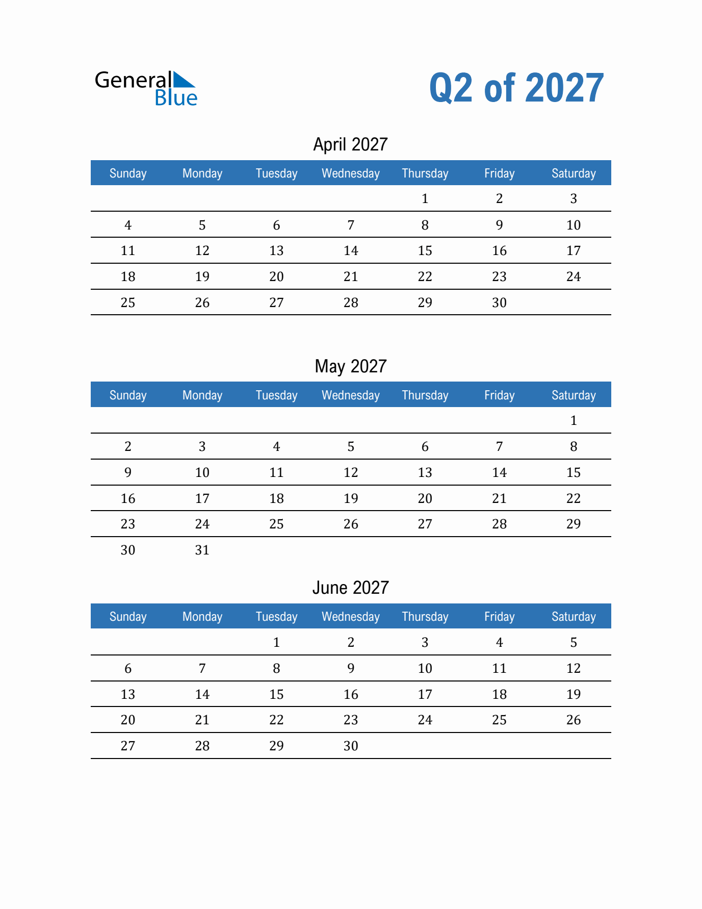 Q2 2027 Quarterly Calendar in PDF, Word, Excel
