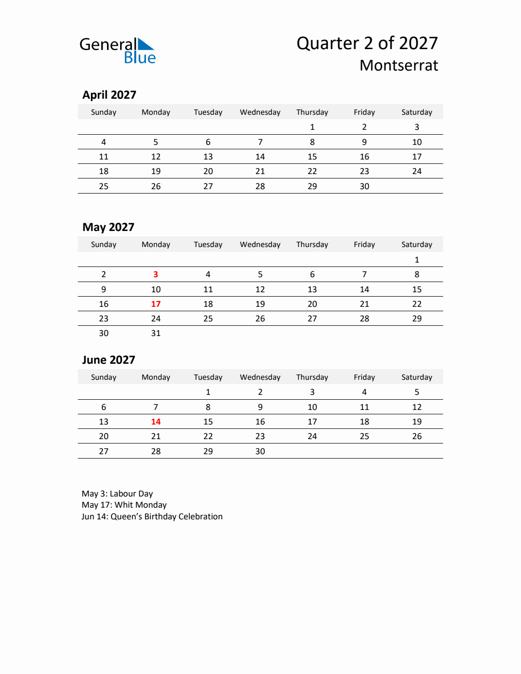 Q2 2027 Quarterly Calendar with Montserrat Holidays (PDF, Excel, Word)
