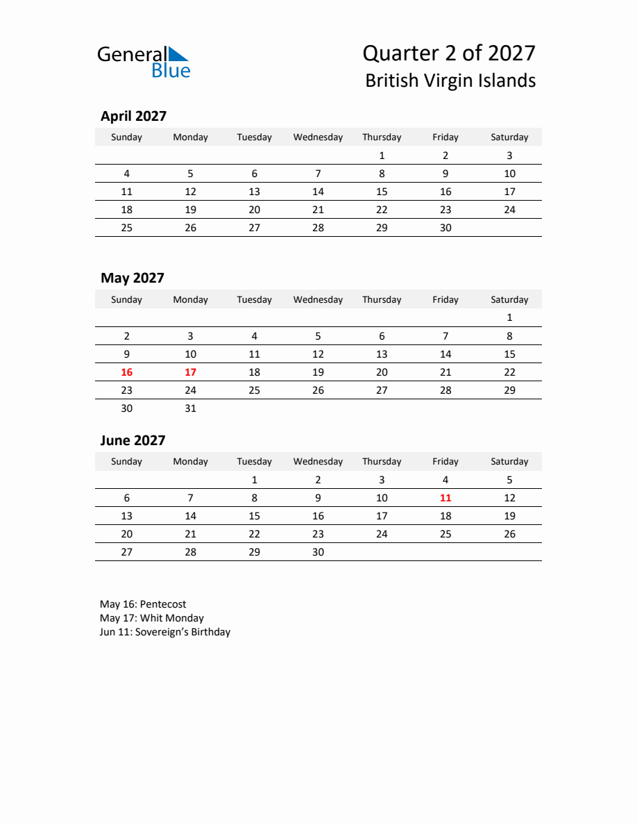 Three-Month Calendar for British Virgin Islands (Q2 of 2027)
