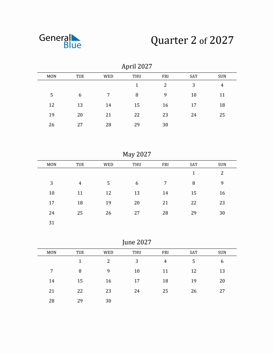 2027 Three-Month Calendar Template with Monday Start - Quarter 2