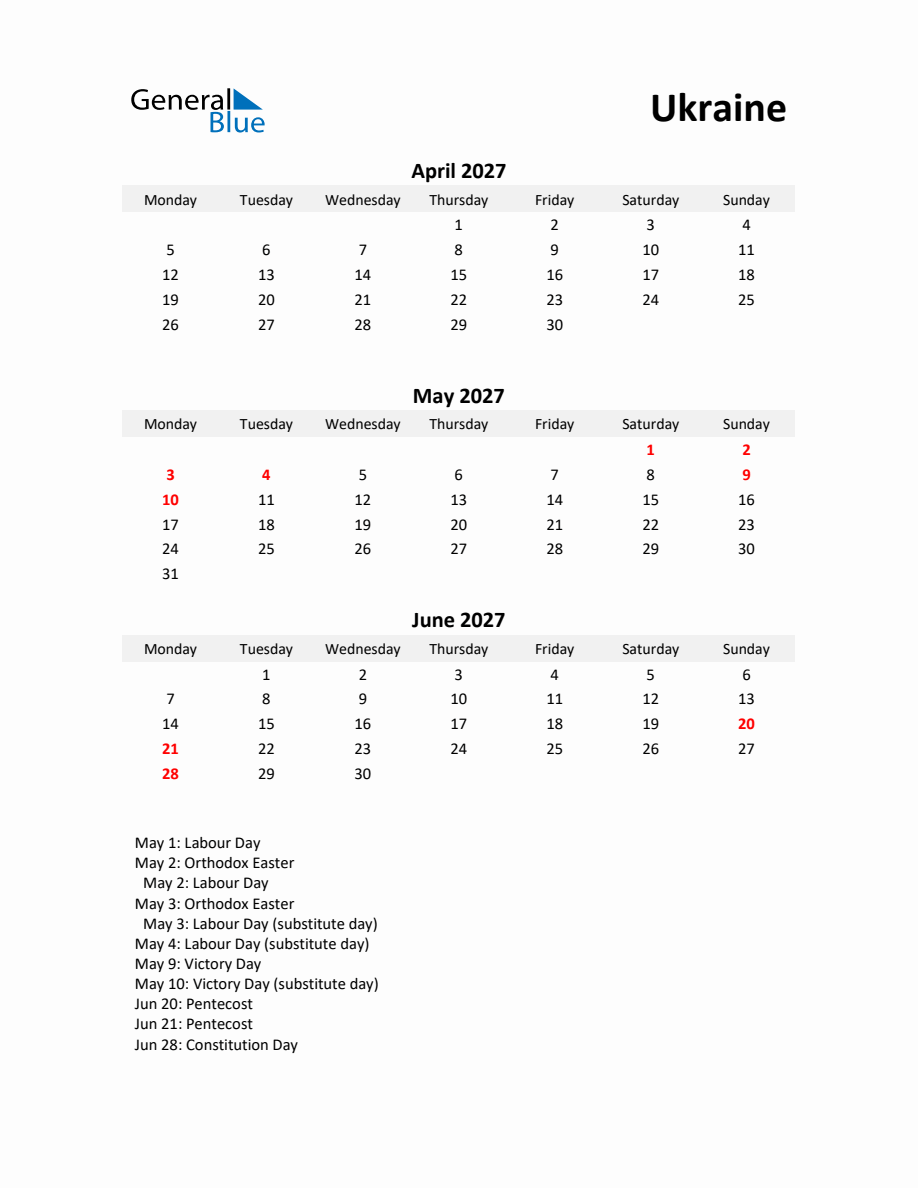 Printable Quarterly Calendar with Notes and Ukraine Holidays (Q2, 2027 ...
