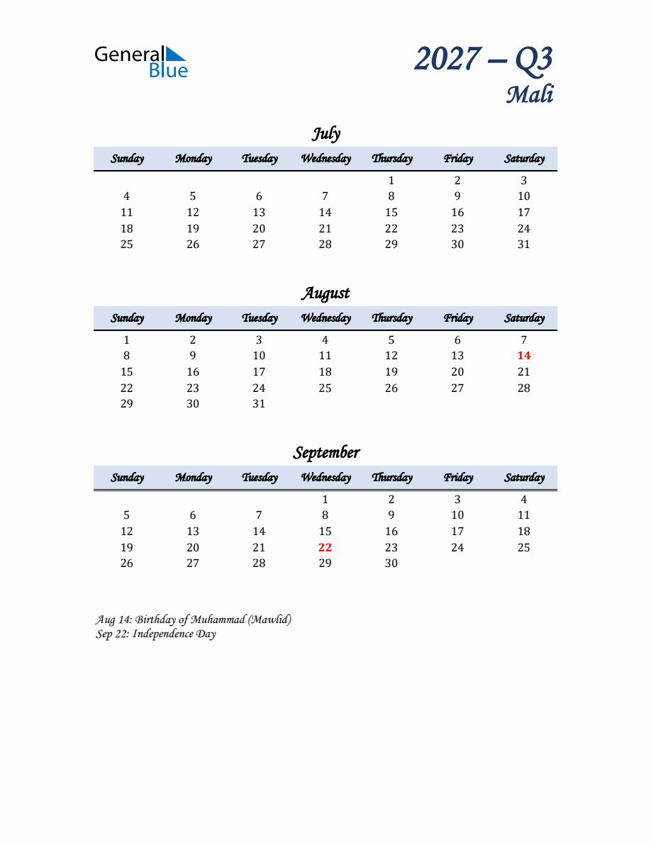 July, August, and September 2027 Calendar for Mali