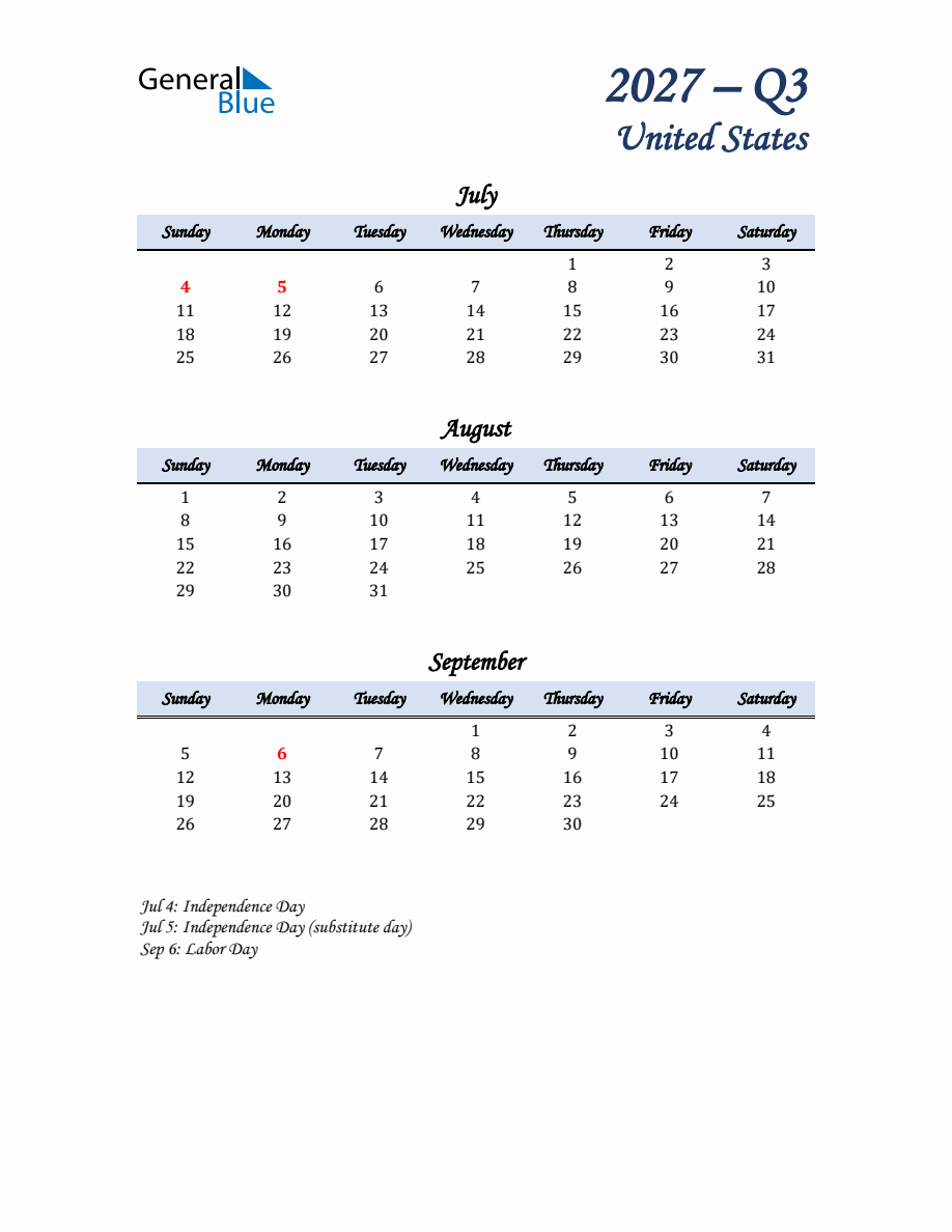 July, August, and September 2027 Calendar for United States