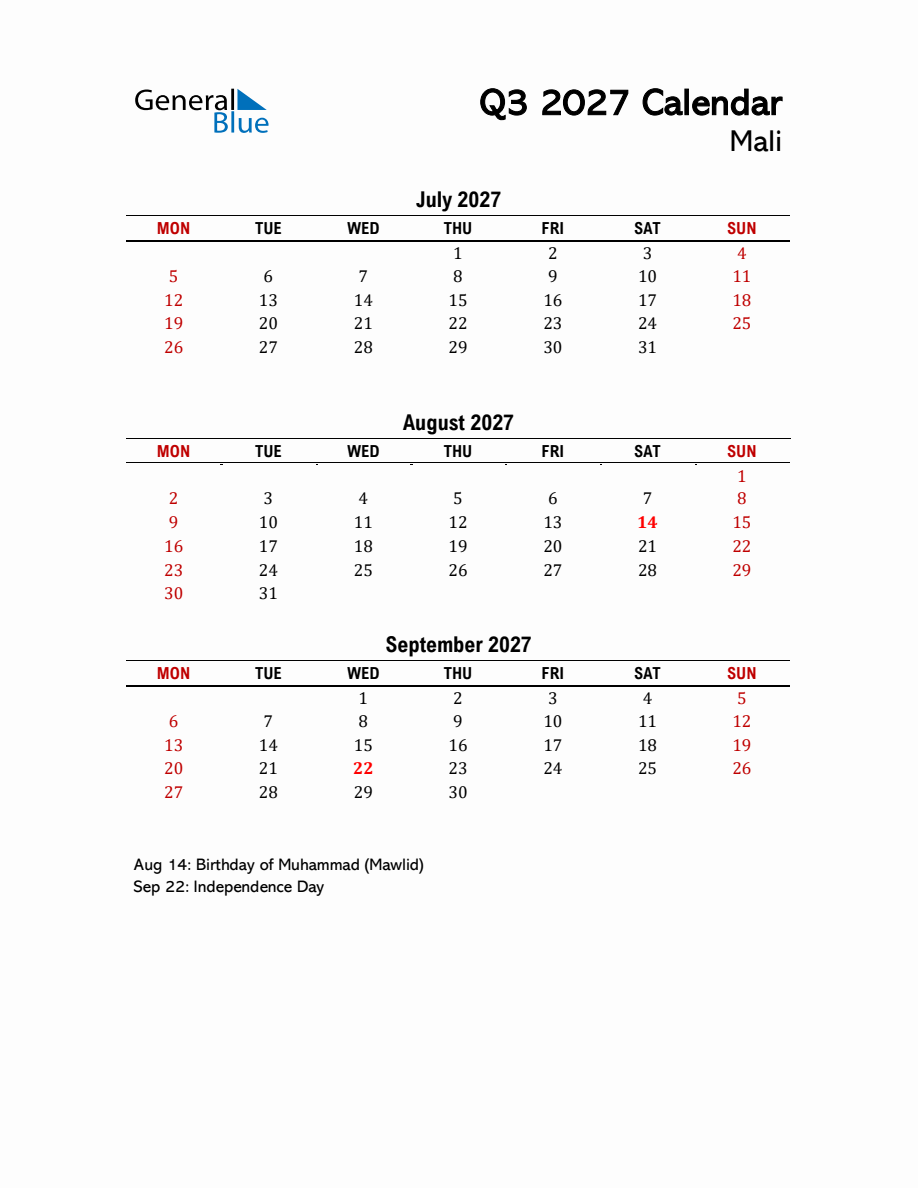 2027 Q3 Calendar with Holidays List for Mali - Monday Start