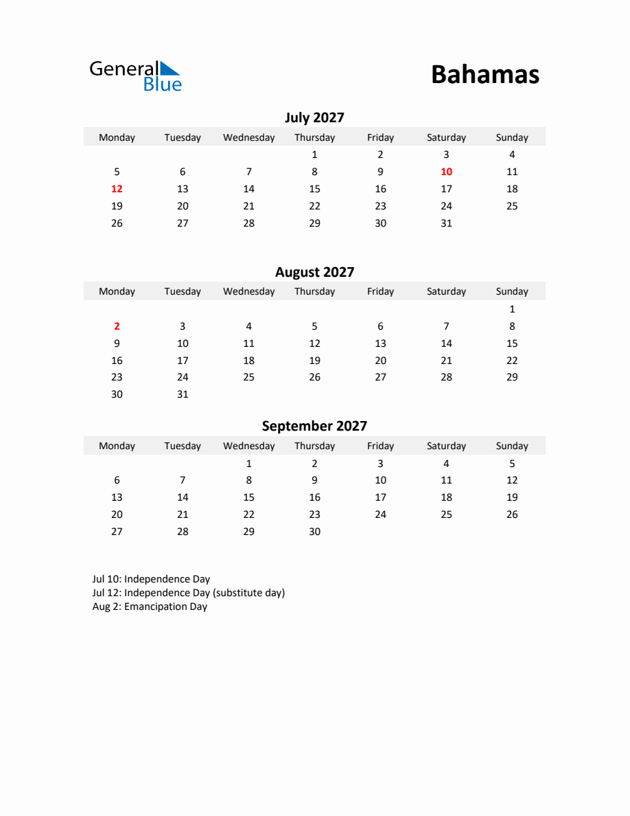 Printable Quarterly Calendar with Notes and Bahamas Holidays (Q3, 2027 ...