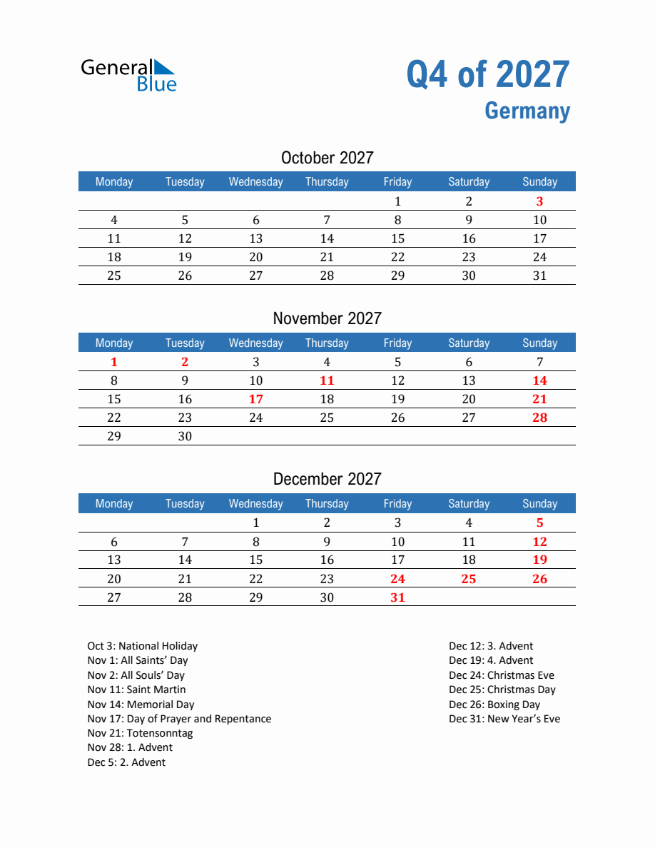Germany Quarterly Calendar (Quarter 4 of 2027) - Monday Start